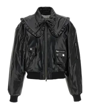 GANNI 7093 Future Bomber Jacket In Shiny Leather-effect Fabric With Removable Ruffle Collar - Black