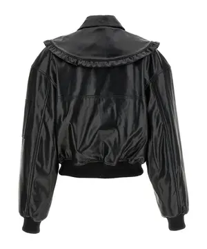 GANNI 7093 Future Bomber Jacket In Shiny Leather-effect Fabric With Removable Ruffle Collar - Black