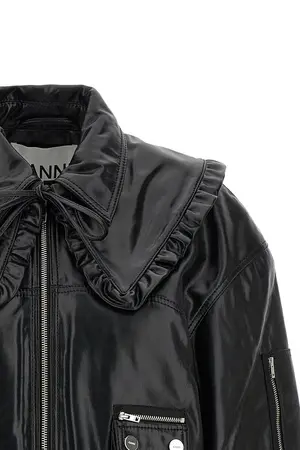 GANNI 7093 Future Bomber Jacket In Shiny Leather-effect Fabric With Removable Ruffle Collar - Black