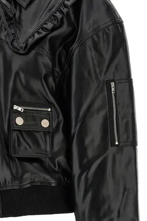 GANNI 7093 Future Bomber Jacket In Shiny Leather-effect Fabric With Removable Ruffle Collar - Black