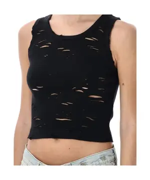R13 Sleeveless Distressed Ribbed Vest - Black