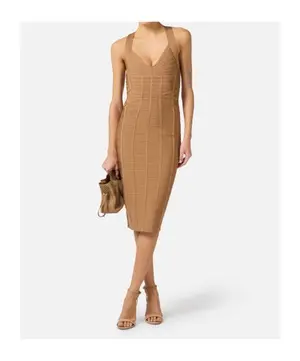 Elisabetta Franchi Ribbed Knit Midi Dress With Geometric Accents