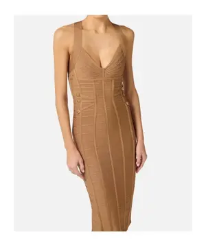 Elisabetta Franchi Ribbed Knit Midi Dress With Geometric Accents