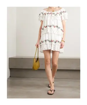 Rixo Embroidered Tiered Dress With Front Tie