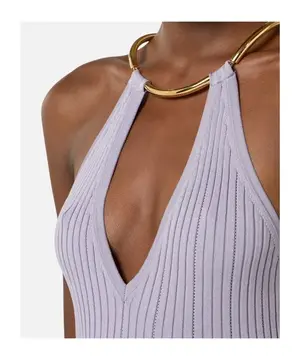 Elisabetta Franchi Openwork Knit Halter Neck Dress With Necklace Detail - Lavender