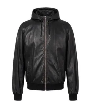 Gucci Logo Hooded Leather Jacket - Black