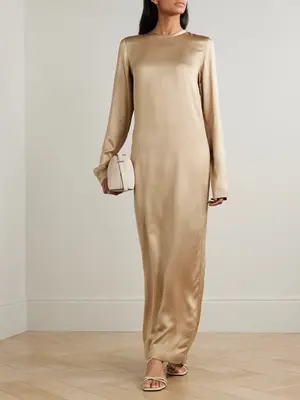 TOTEME Long Sleeve Satin Maxi Dress - Beige