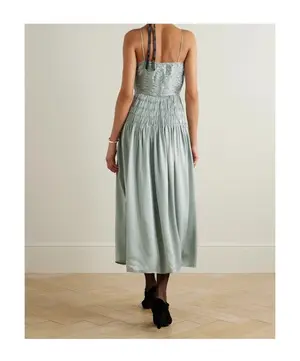 DÔEN Spaghetti Strap Midi Dress With Pleated Neckline And Bow Accent