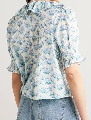DÔEN Henri Ruffled Pintucked Floral-print Organic Cotton-voile Top - Blue
