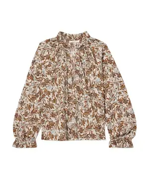 DÔEN Floral Print Tie Neck Long Sleeve Blouse