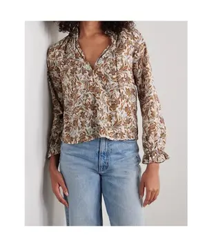 DÔEN Floral Print Tie Neck Long Sleeve Blouse