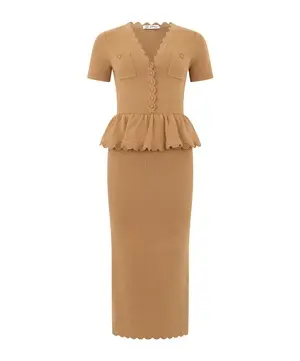 SELF-PORTRAIT Peplum Button Long Dress - Camel