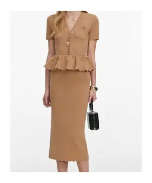 SELF-PORTRAIT Peplum Button Long Dress - Camel