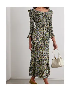 DÔEN Ruffled Floral Print Midi Dress