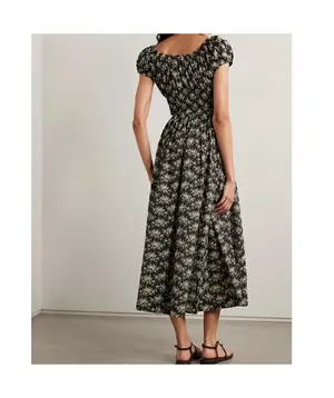 DÔEN Quinley Shirred Floral-print Organic Cotton-voile Midi Dress - Black