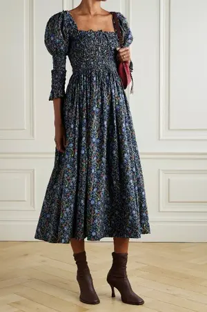 DÔEN Bijou Shirred Floral-print Organic Cotton-voile Midi Dress - Multi-color