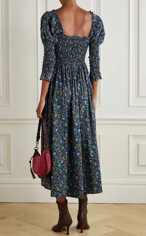 DÔEN Bijou Shirred Floral-print Organic Cotton-voile Midi Dress - Multi-color