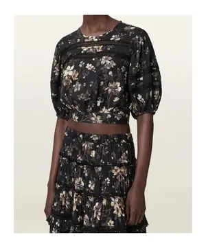 ALLSAINTS Peony Floral Puff Sleeve Top With Lace Detail
