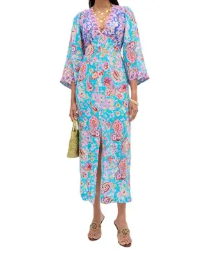 Rixo Long Sleeve V-neck Maxi Dress With Front Slit
