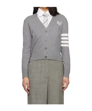 Thom Browne 4-bar V-neck Knit Cardigan - Light Gray