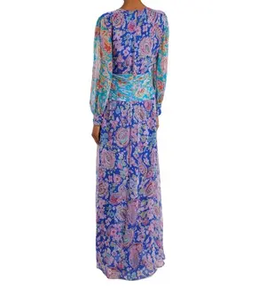 Rixo Long-sleeved V-neck Maxi Dress With Waist Tie - Blue