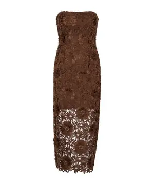 ROTATE BY BIRGER CHRISTENSEN Strapless 3d Lace Midi Dress - Dark Brown