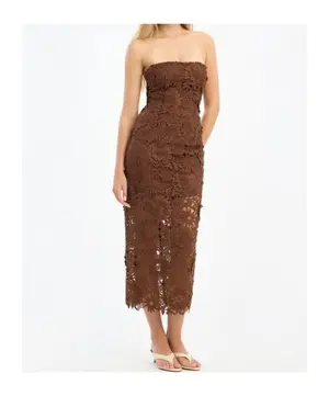 ROTATE BY BIRGER CHRISTENSEN Strapless 3d Lace Midi Dress - Dark Brown