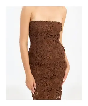 ROTATE BY BIRGER CHRISTENSEN Strapless 3d Lace Midi Dress - Dark Brown