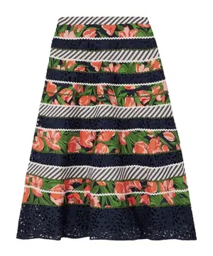 Carolina Herrera Embroidered Lace And Printed Cotton-blend Poplin Midi Skirt