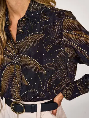 Farm Rio Lapel Long Sleeve Shirt With Graphic Print
