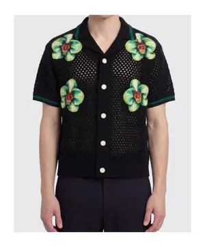 Casablanca Glitch Orchid Embroidered Crochet Shirt - Black