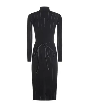 Elisabetta Franchi Openwork Knit High Neck Belted Dress - Black