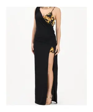 Versace One-shoulder Maxi Dress With Gold Baroque Print And Slit