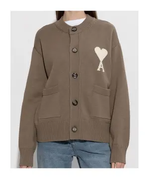 AMI Paris Long Sleeve Buttoned Cardigan With Patch Pockets - Brown