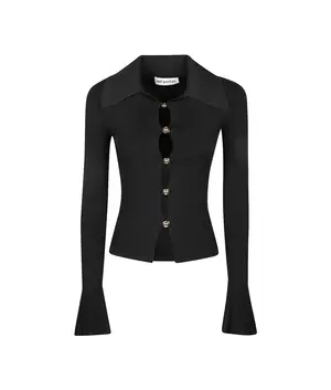 SELF-PORTRAIT Button-down Knit Top With Oversized Collar - Black