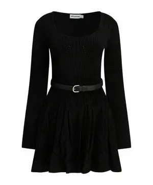 SELF-PORTRAIT Ribbed Belted Dress - Black
