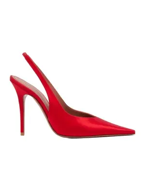 Amina Muaddi Anok Sling 105 Satin Pointed Toe Stiletto Heels - Red