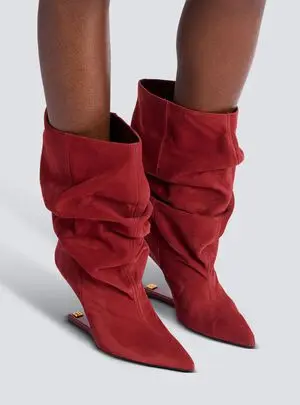 Balmain Suede Wedge Ankle Boots With Logo Detail - Red