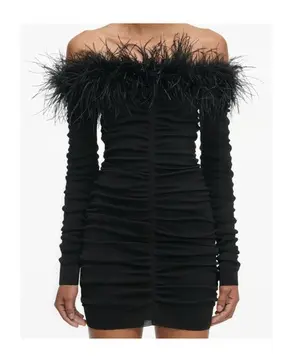 SELF-PORTRAIT Feather Trim Off-shoulder Mini Dress