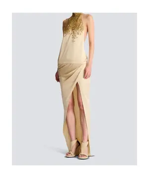 Balmain Silk Halterneck Maxi Dress With Sand Effect Embroidery