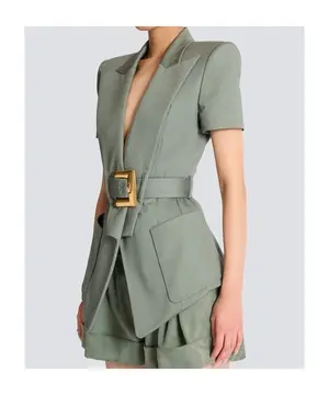 Balmain Belted Asymmetric Short-sleeve Blazer - Green