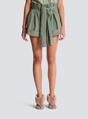 Balmain Pleated Belted High-waist Shorts - Gray