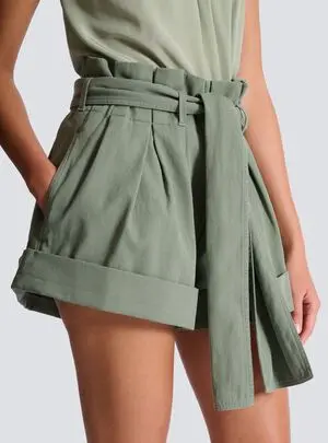 Balmain Pleated Belted High-waist Shorts - Gray