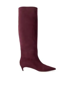 JIMMY CHOO Suede Knee High Pointed Toe Kitten Heel Boots - Red
