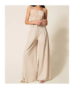 TWINSET Pleated Palazzo Trousers With Metallic Finish - Nude