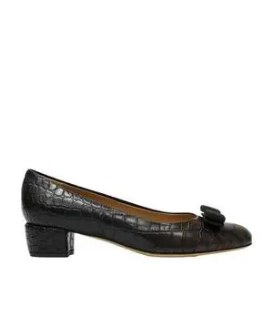 FERRAGAMO Round Toe High Heel Pumps With Bow Detailing - Black