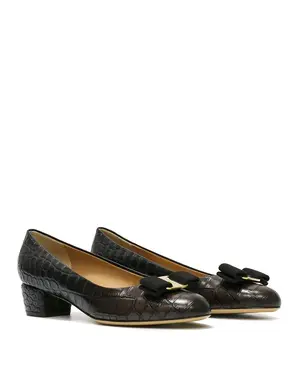 FERRAGAMO Round Toe High Heel Pumps With Bow Detailing - Black