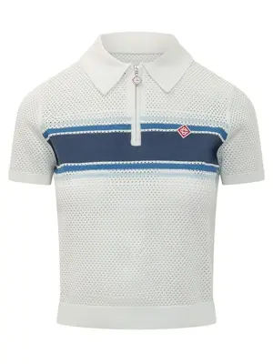 Casablanca Mesh Stripe Zip Polo Top - White