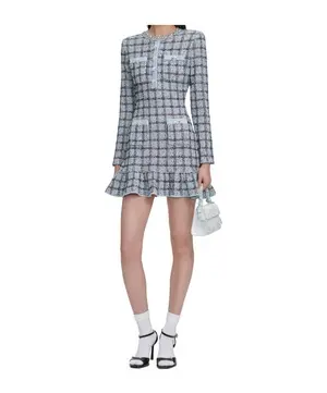 SELF-PORTRAIT Check Knit Mini Dress With Rhinestone Embellishments - Gray