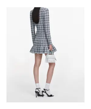 SELF-PORTRAIT Check Knit Mini Dress With Rhinestone Embellishments - Gray